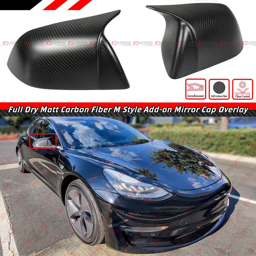 Add-On Matt Carbon Mirror Caps - For 2017-2025 Tesla Model 3 - Autunik.com